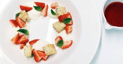 Panna Cotta with Poached Strawberries and Mint Croutons - Recipe ...