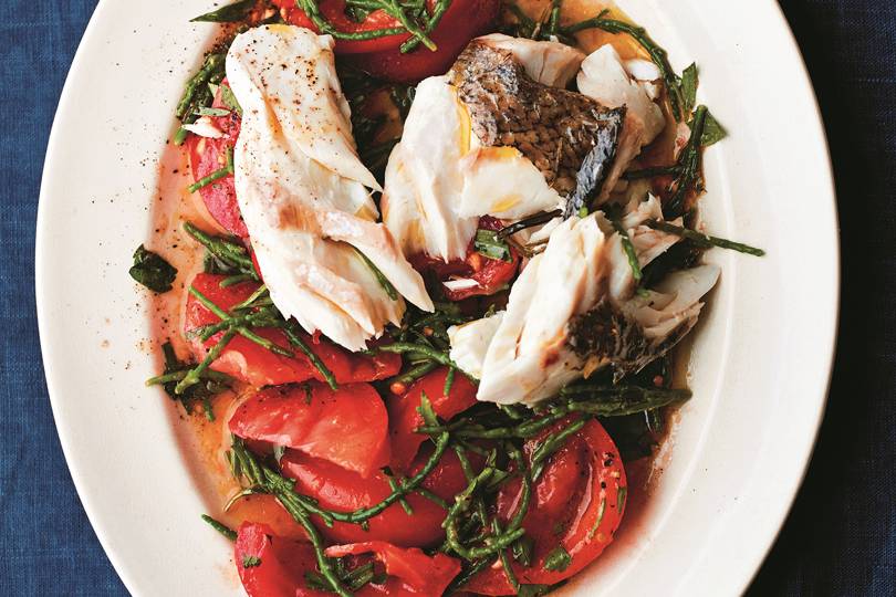 Roast hake recipe with samphire and tomato salad | House & Garden